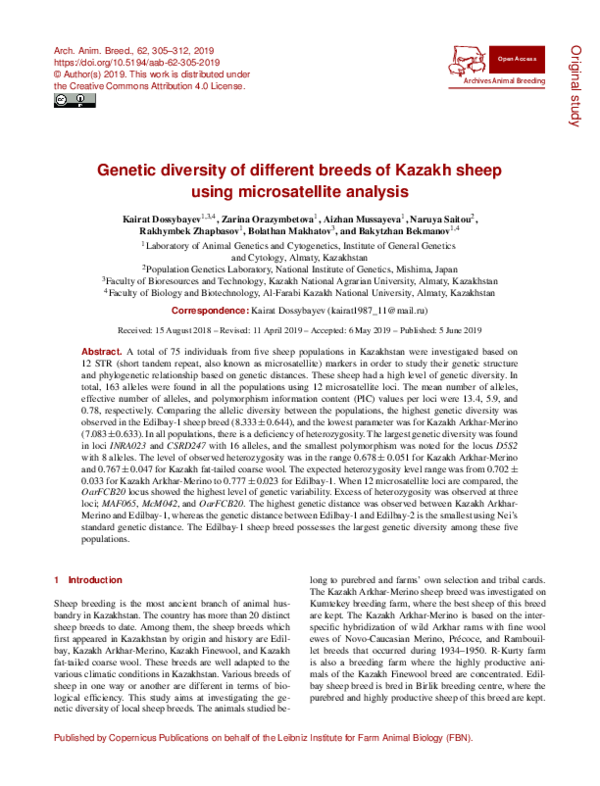 (PDF) Genetic diversity of different breeds of Kazakh sheep using microsatellite analysis