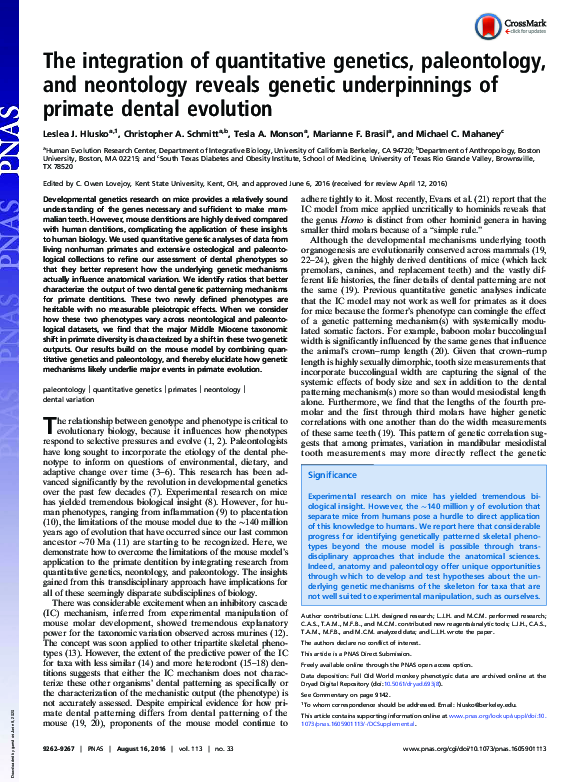 (PDF) The integration of quantitative genetics, paleontology, and neontology reveals genetic ...