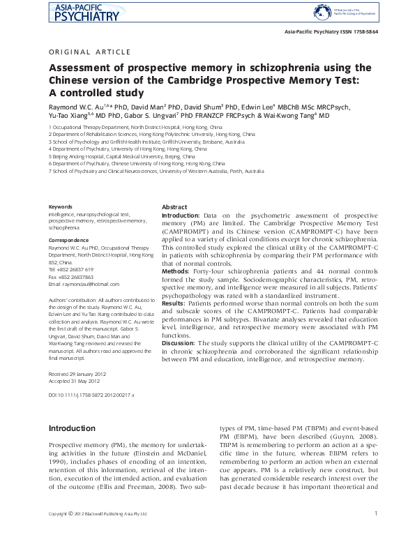 (PDF) Assessment of prospective memory in schizophrenia using the ...
