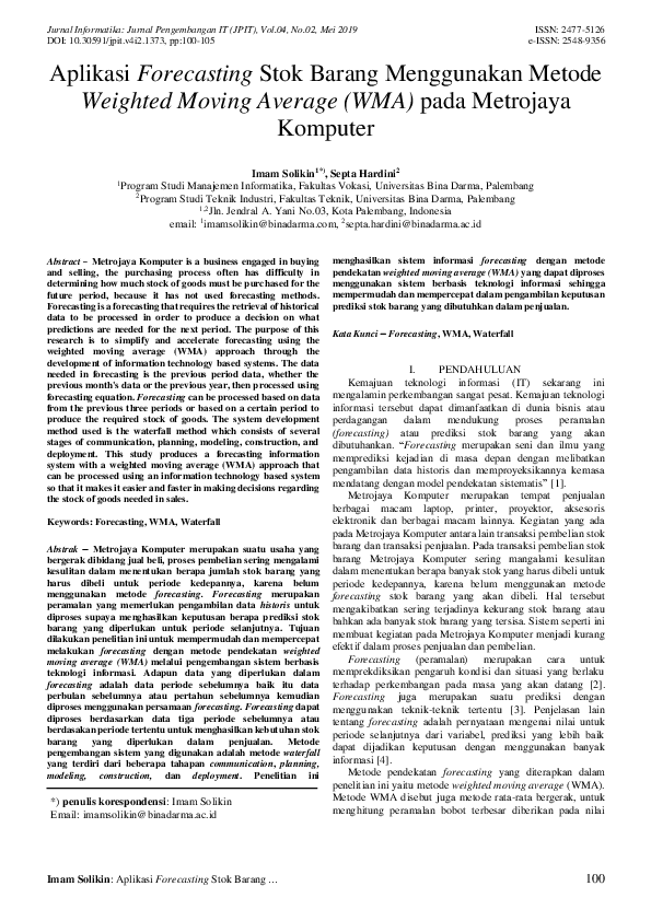Pdf Aplikasi Forecasting Stok Barang Menggunakan Metode Weighted Moving Average Wma Pada