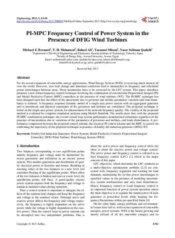 Pdf Pi Mpc Frequency Control Of Power System In The Presence Of Dfig