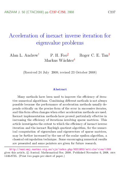 Pdf Acceleration Of Inexact Inverse Iteration For Eigenvalue Problems