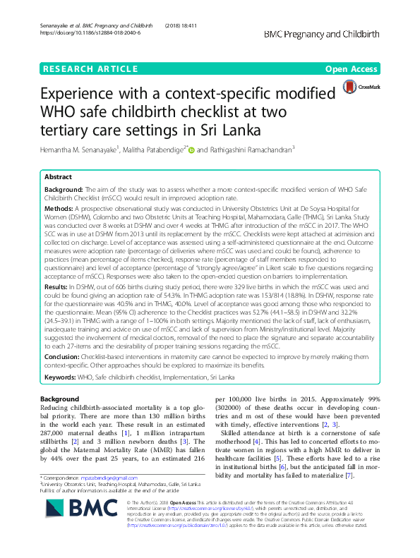 (PDF) Experience with a context-specific modified WHO safe childbirth ...