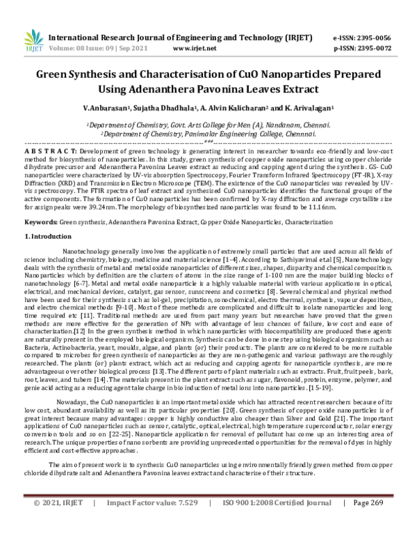 IRJET- Green Synthesis and Characterisation of CuO Nanoparticles Prepared Using Adenanthera ...