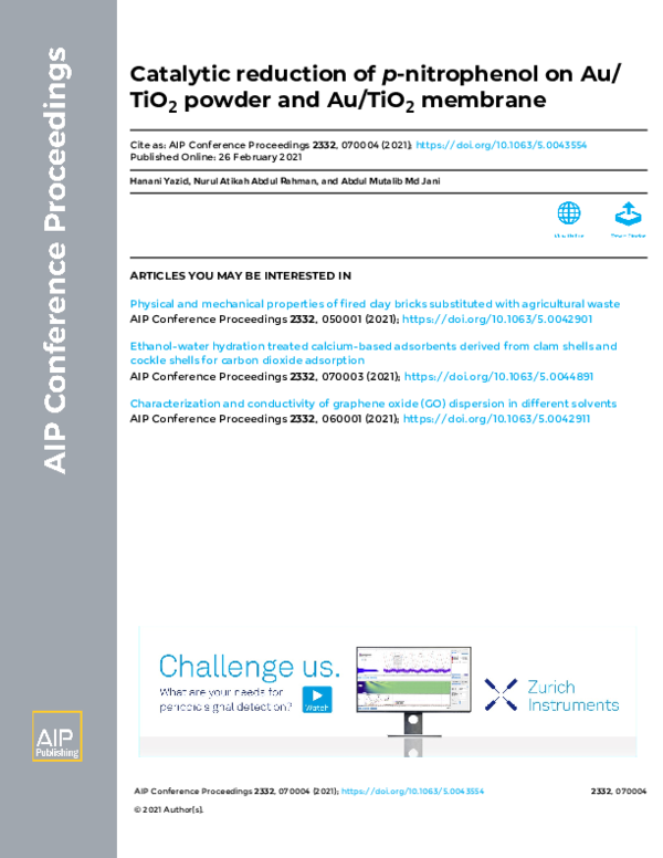 (PDF) Catalytic reduction of p-nitrophenol on Au/TiO2 powder and Au ...