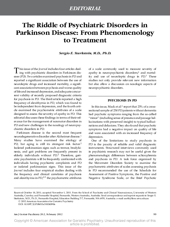(PDF) The riddle of psychiatric disorders in Parkinson disease: from ...