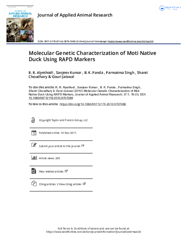 (PDF) Molecular Genetic Characterization of Moti Native Duck Using RAPD ...