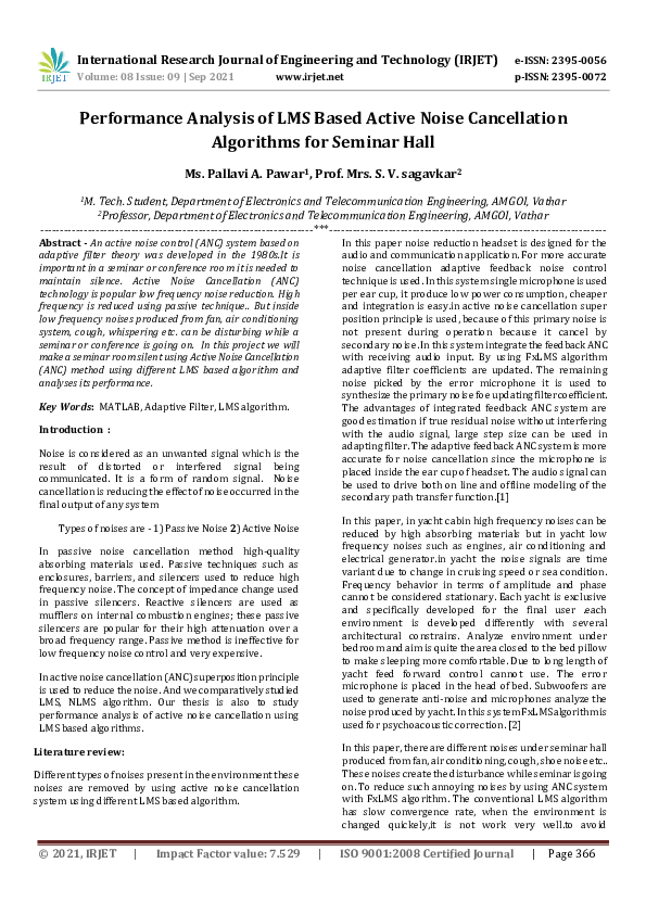 Pdf Irjet Performance Analysis Of Lms Based Active Noise Cancellation Algorithms For Seminar 