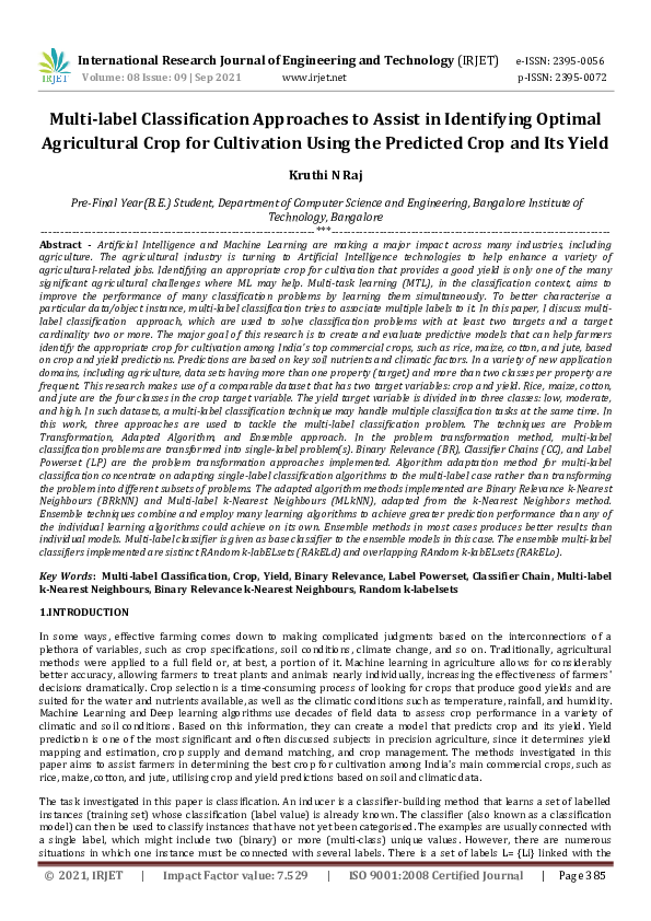 (PDF) IRJET- Multi-label Classification Approaches to Assist in Identifying Optimal Agricultural ...
