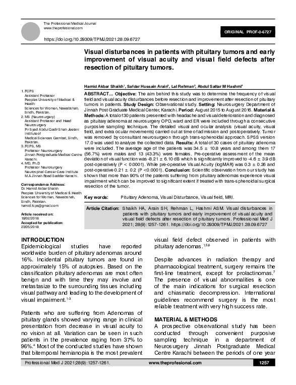 (PDF) Visual disturbances in patients with pituitary tumors and early ...