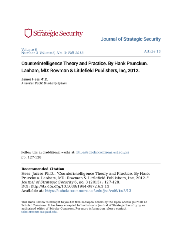 (PDF) Counterintelligence Theory and Practice. By Hank Prunckun. Lanham, MD: Rowman ...