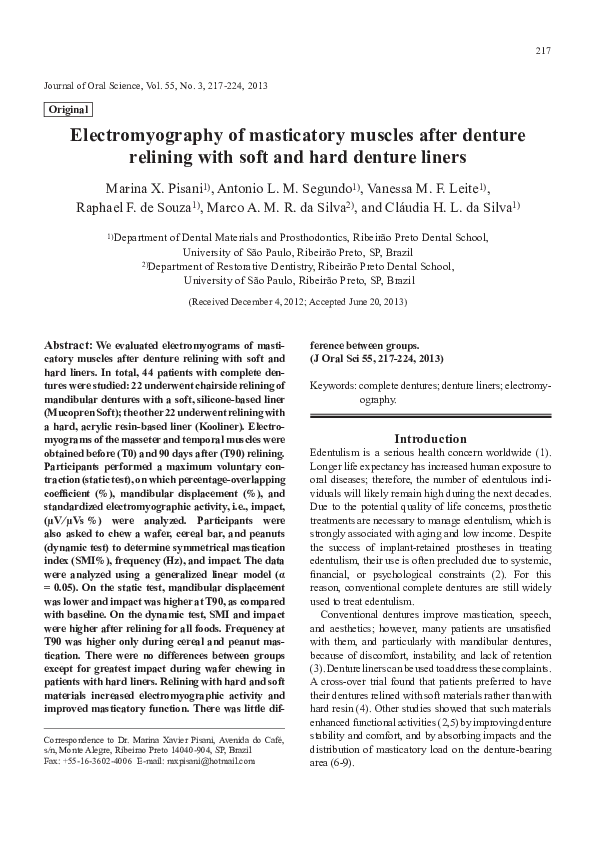 (PDF) Electromyography of masticatory muscles after denture relining ...