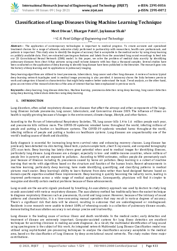 Pdf Irjet Classification Of Lungs Diseases Using Machine Learning