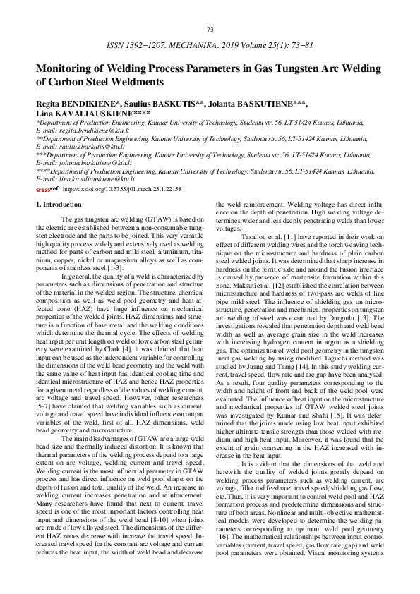 Pdf Monitoring Of Welding Process Parameters In Gas Tungsten Arc Welding Of Carbon Steel Weldments