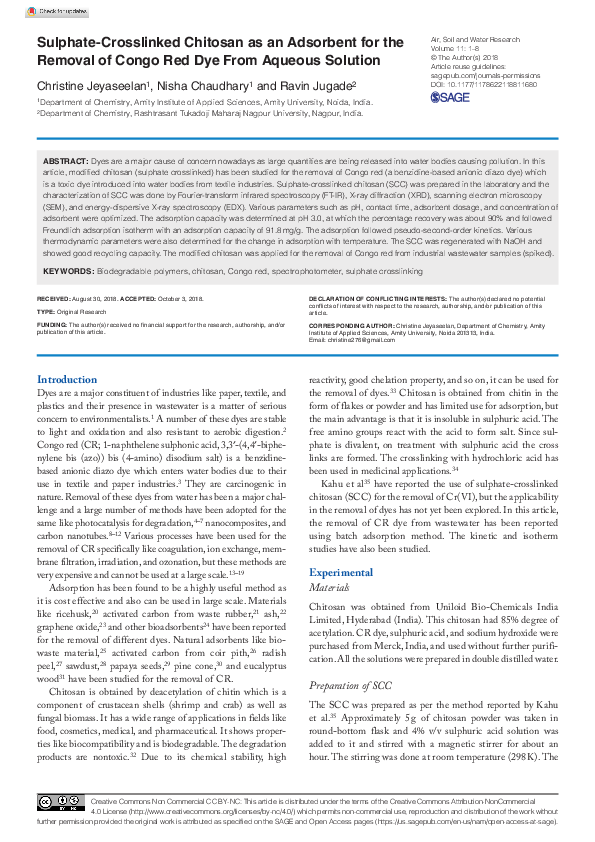 (PDF) Sulphate-Crosslinked Chitosan as an Adsorbent for the Removal of Congo Red Dye From ...
