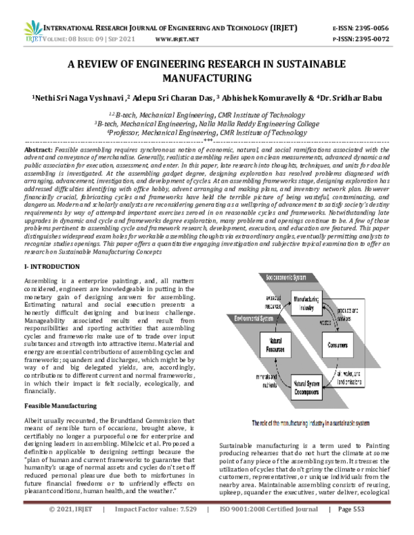 (PDF) IRJET- A Review of Engineering Research in Sustainable Manufacturing