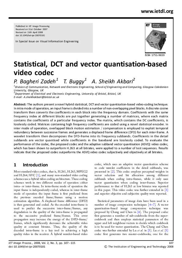 (PDF) Statistical, DCT and vector quantisation-based video codec