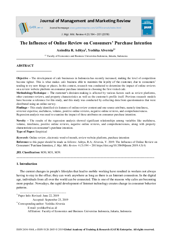 (PDF) The Influence of Online Review on Consumers’ Purchase Intention