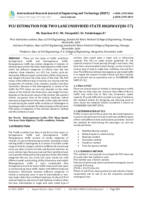 (PDF) IRJET- PCU ESTIMATION FOR TWO LANE UNDIVIDED STATE HIGHWAY(SH-57