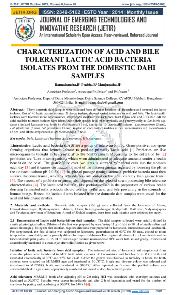 (PDF) CHARACTERIZATION OF ACID AND BILE TOLERANT LACTIC ACID BACTERIA ...