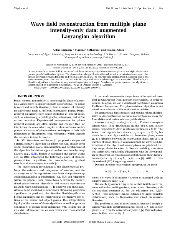 (PDF) Wave field reconstruction from multiple plane intensity-only data: augmented Lagrangian ...