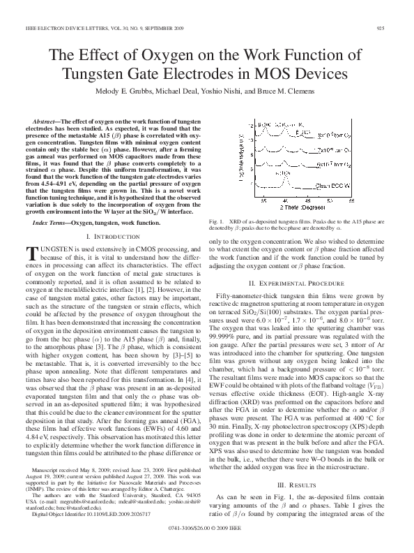 (PDF) The Effect of Oxygen on the Work Function of Tungsten Gate ...