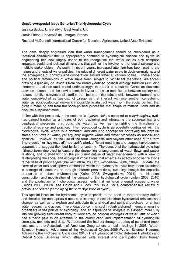 (PDF) The hydrosocial cycle
