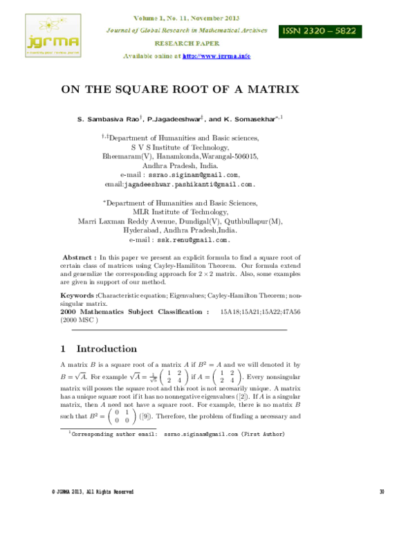 (PDF) On the square root of a matrix
