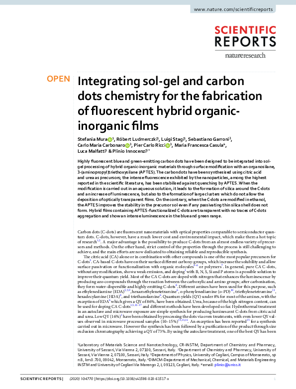 (PDF) Integrating sol-gel and carbon dots chemistry for the fabrication ...
