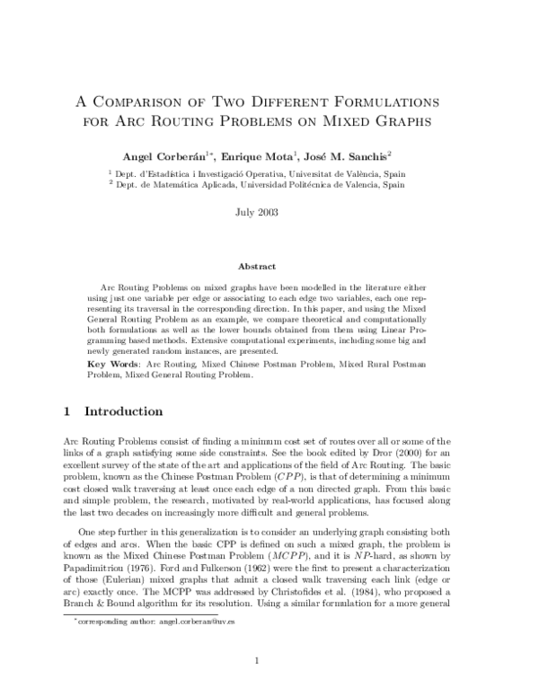 Pdf A Comparison Of Two Different Formulations For Arc Routing Problems On Mixed Graphs