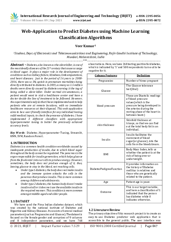 (PDF) IRJET- Web-Application to Predict Diabetes using Machine Learning ...