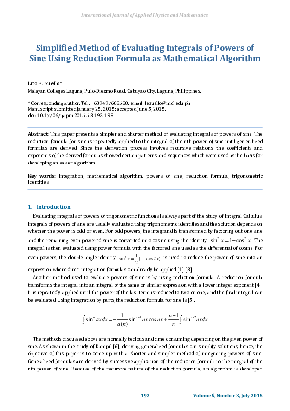 (PDF) Simplified Method of Evaluating Integrals of Powers of Sine Using ...