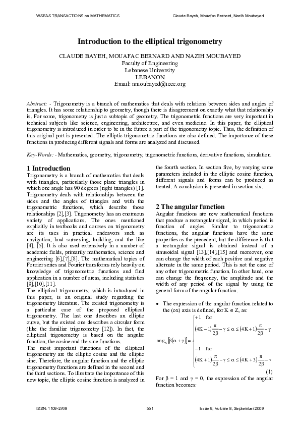 (PDF) Introduction to the elliptical trigonometry