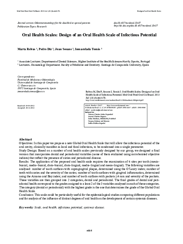 (PDF) Oral Health Scales: Design of an Oral Health Scale of Infectious ...