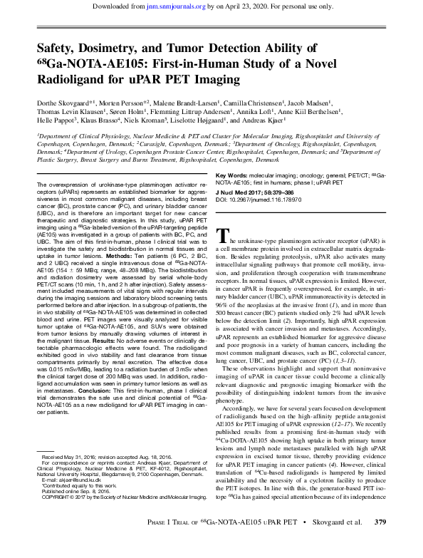 (PDF) Safety, dosimetry and tumor detection ability of 68Ga-NOTA-AE105 - a novel radioligand for ...