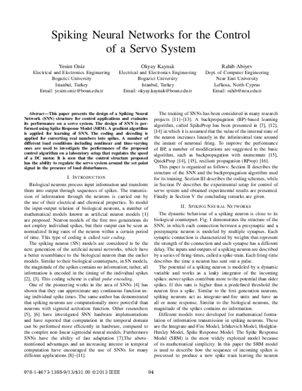 (PDF) Spiking Neural Networks for the control of a servo system