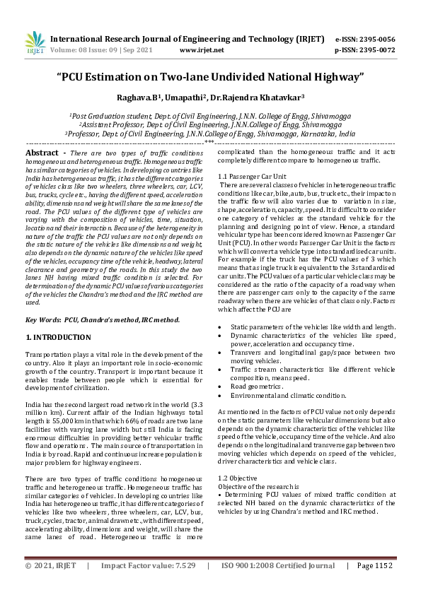 (PDF) IRJET- "PCU Estimation on Two-lane Undivided National Highway"