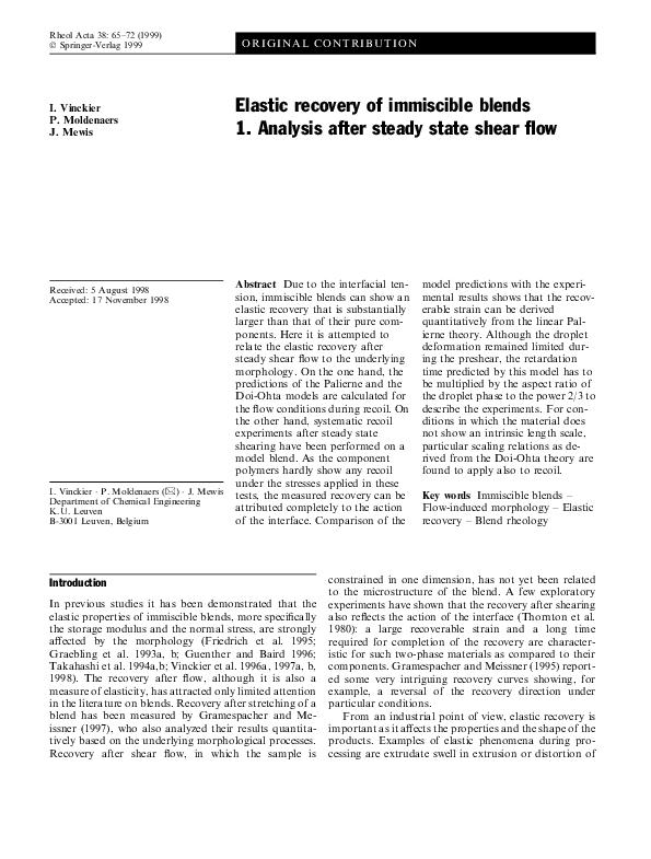 (PDF) Elastic recovery of immiscible blends 1. Analysis after steady ...