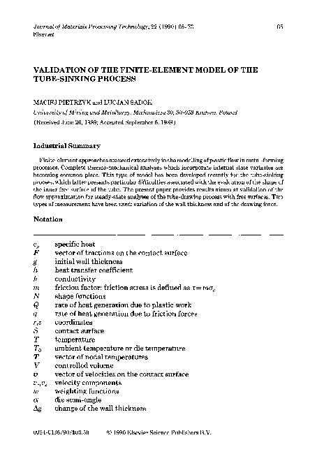 Pdf Validation Of The Finite Element Model Of The Tube Sinking Process