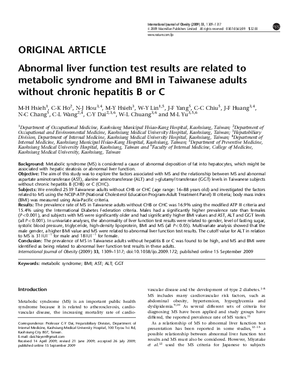 (PDF) Abnormal liver function test results are related to metabolic ...