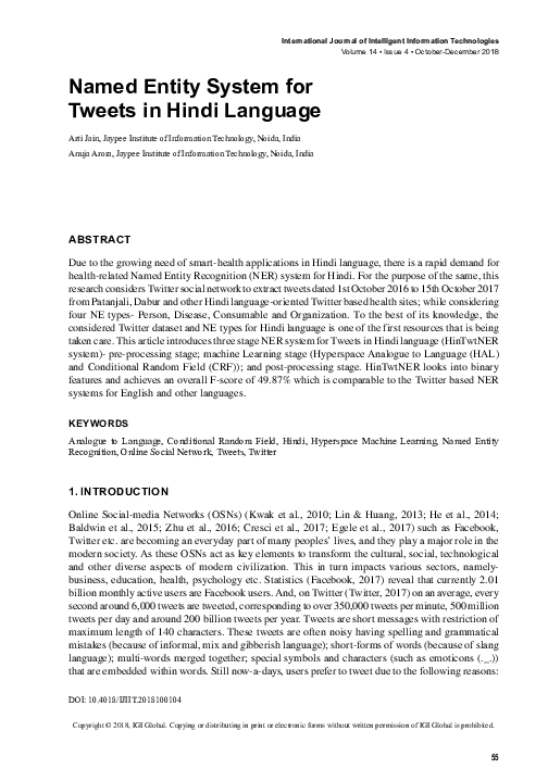 (PDF) Named Entity System for Tweets in Hindi Language
