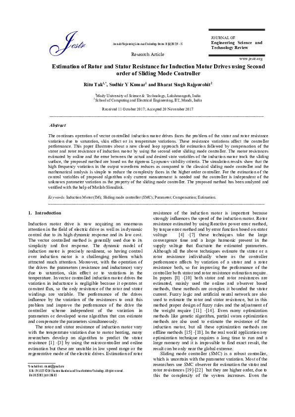Pdf Estimation Of Rotor And Stator Resistance For Induction Motor Drives Using Second Order Of