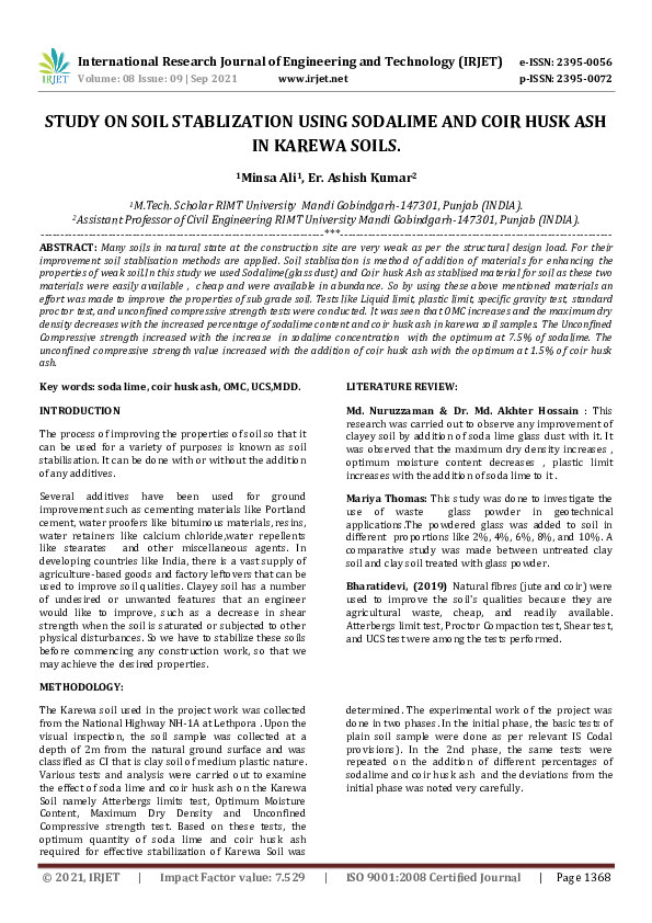 (PDF) IRJET- STUDY ON SOIL STABLIZATION USING SODALIME AND COIR HUSK ASH IN KAREWA SOILS