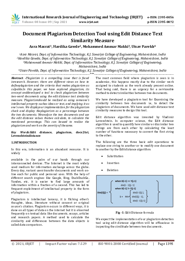 (PDF) IRJET- Document Plagiarism Detection Tool using Edit Distance ...