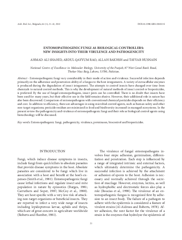 (PDF) Entomopathogenic fungi as biological controllers: New insights into their virulence and ...