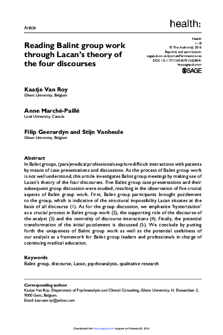 (PDF) Reading Balint group work through Lacan's theory of the four ...