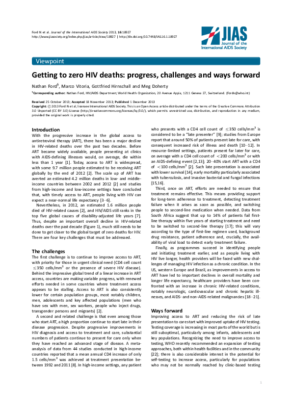 (PDF) Getting to zero HIV deaths: progress, challenges and ways forward