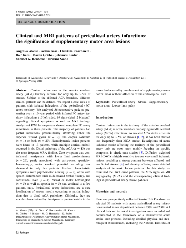 (PDF) Clinical and MRI patterns of pericallosal artery infarctions: the ...