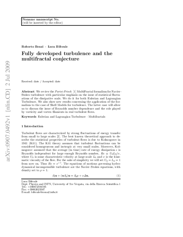 (PDF) Fully Developed Turbulence and the Multifractal Conjecture