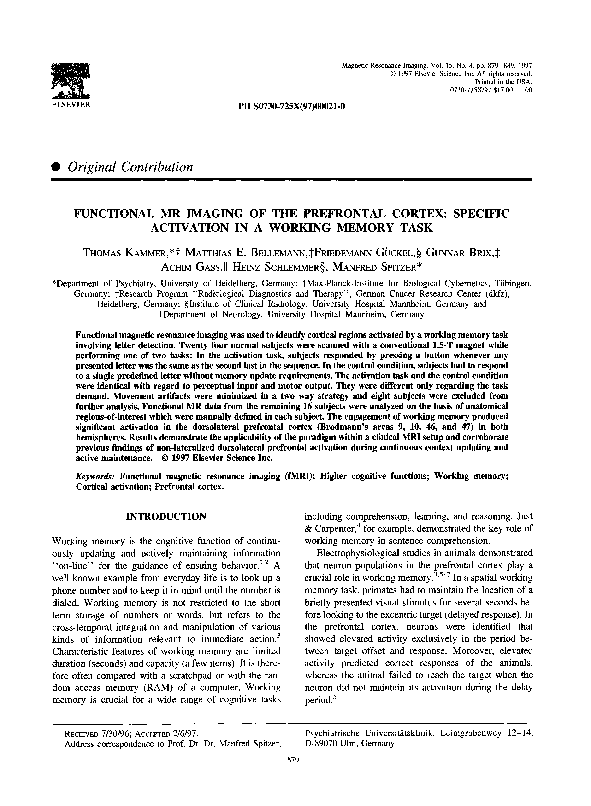 Pdf Functional Mr Imaging Of The Prefrontal Cortex Specific Activation In A Working Memory Task